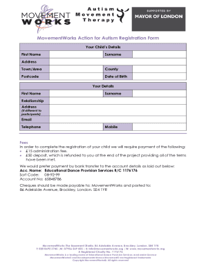 Fillable Online MovementWorks Action for Autism Registration Form Fax ...