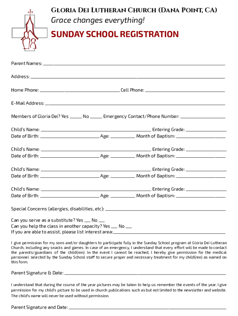 Fillable Online Sunday School Registration Form - mygloriadei.org Fax ...