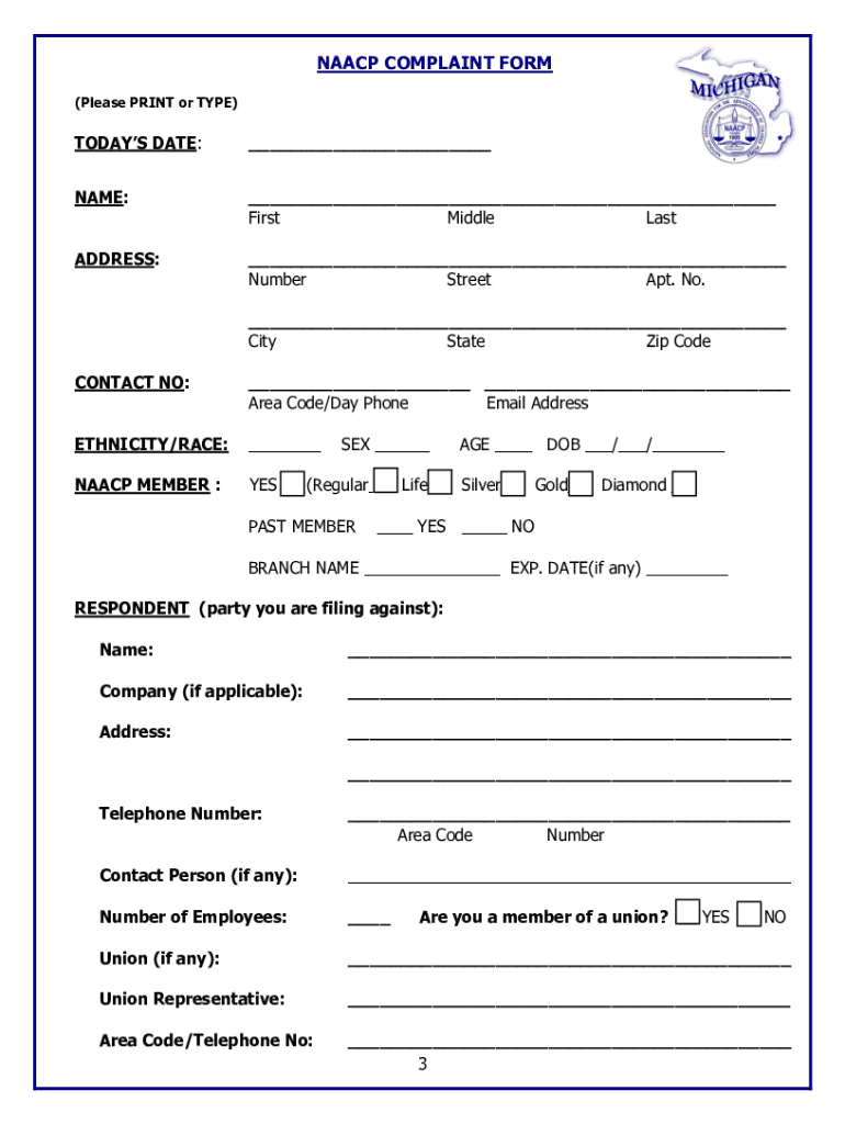 Fillable Online Complaint FormMercer County NAACP Fax Email Print ...