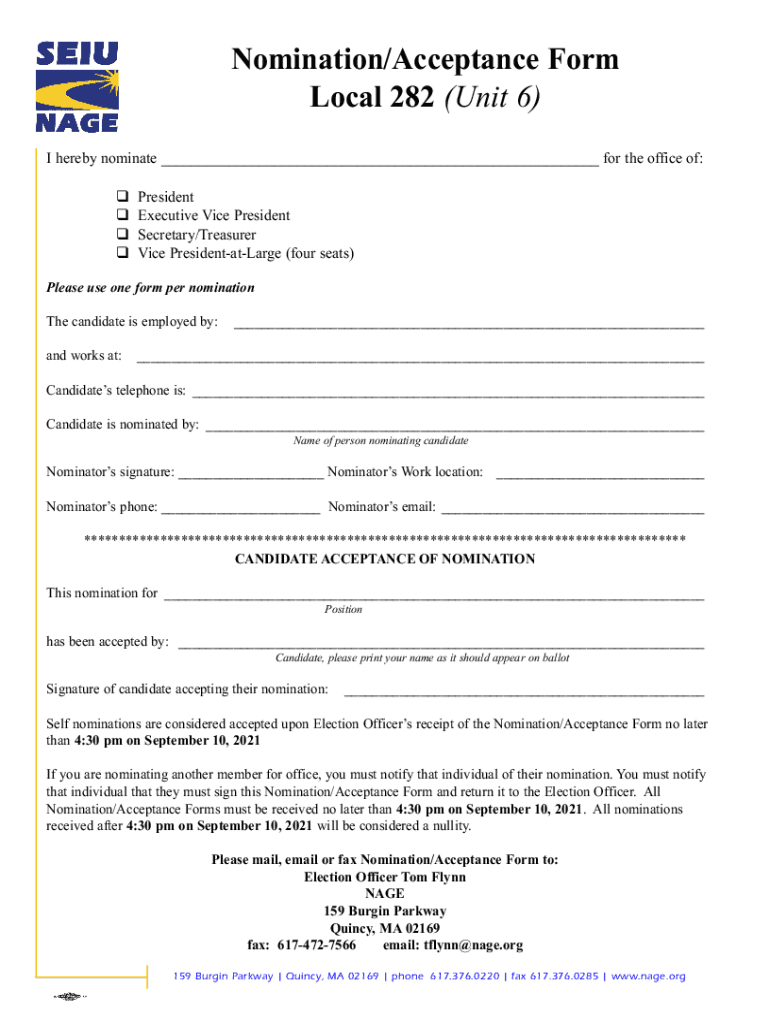 Fillable Online Nomination/Acceptance Form Local 282 (Unit 6) Fax Email ...