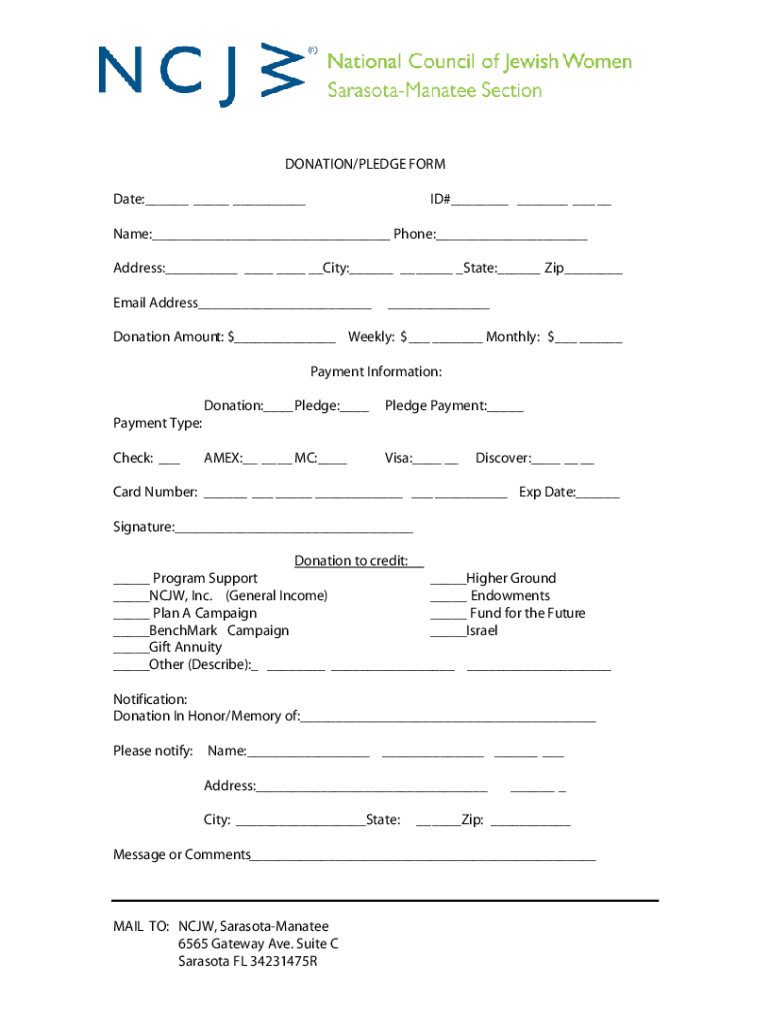 Fillable Online DONATION/PLEDGE FORM Payment Information Fax Email ...