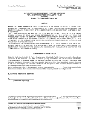 Fillable Online ALTA SHORT FORM COMMITMENT FOR AN ALTATITLE INSURANCE ...