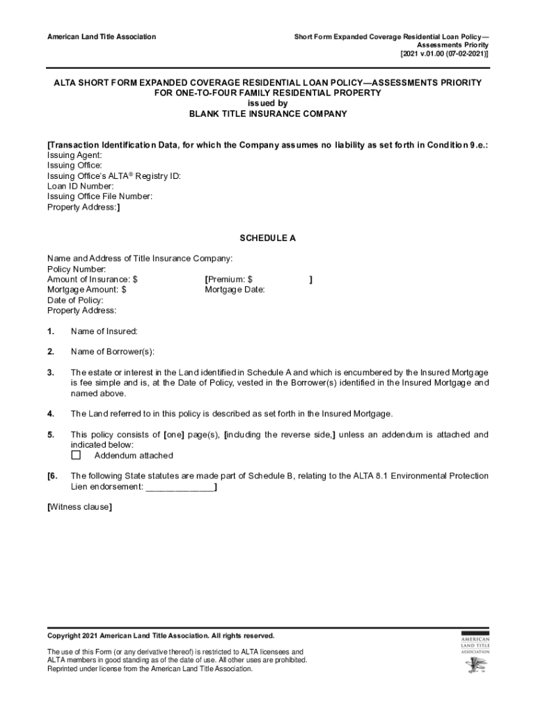 Fillable Online ALTA - ALTA Forms Approved by Board of Governors ...