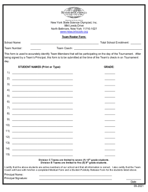 Fillable Online Team Roster Form: STUDENT NAMES (Print or Type): GRADE ...