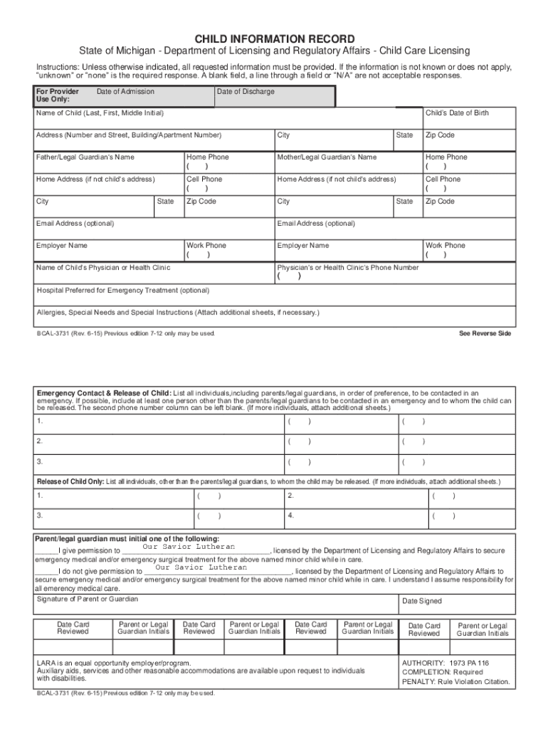 Fillable Online BCAL-3731. Child Care, Child Information Record Fax ...