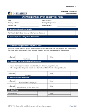 Fillable Online Vacation Carry-Over Exeption Form - Humber College Fax ...