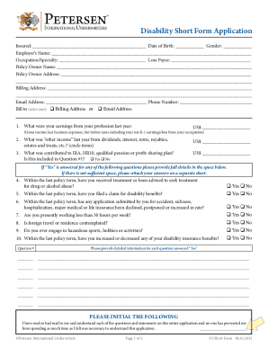 Fillable Online Disability Short Form Application - piu.org Fax Email ...