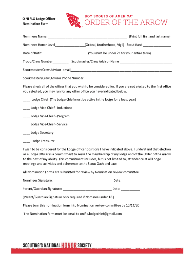 Fillable Online O Ni Flo Lodge Officer Nomination Form Fax Email Print