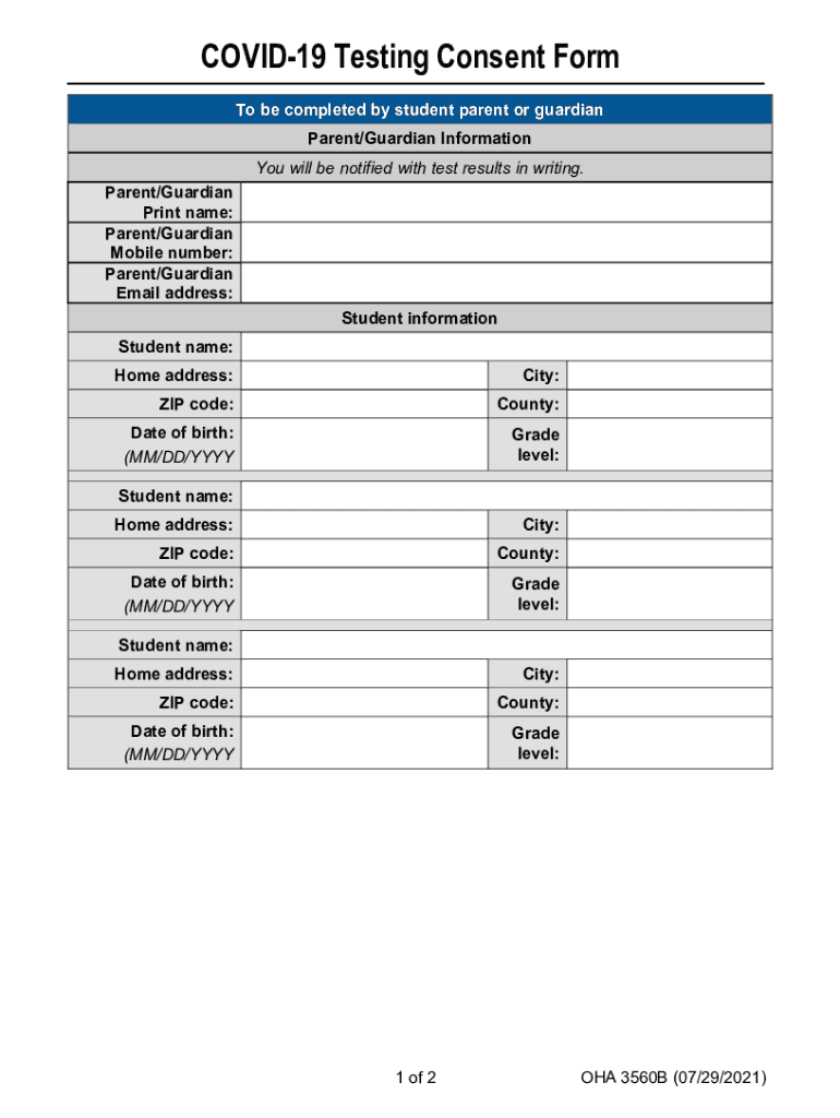 Fillable Online OHA 3560B COVID-19 testing consent form. OHA 3560B ...