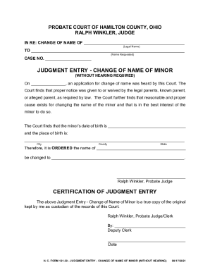 Fillable Online JUDGMENT ENTRY - CONFORM NAME OF MINOR - probatect.org ...