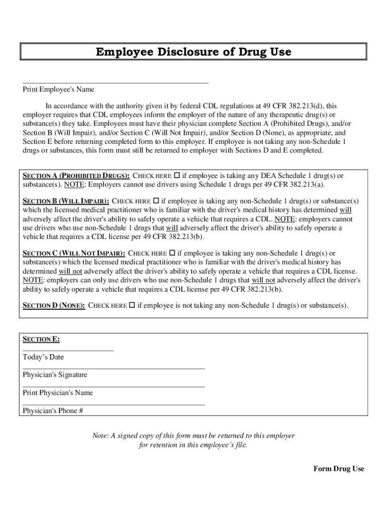 Fillable Online Employee Disclosure of Therapeutic Drug Use Fax Email ...