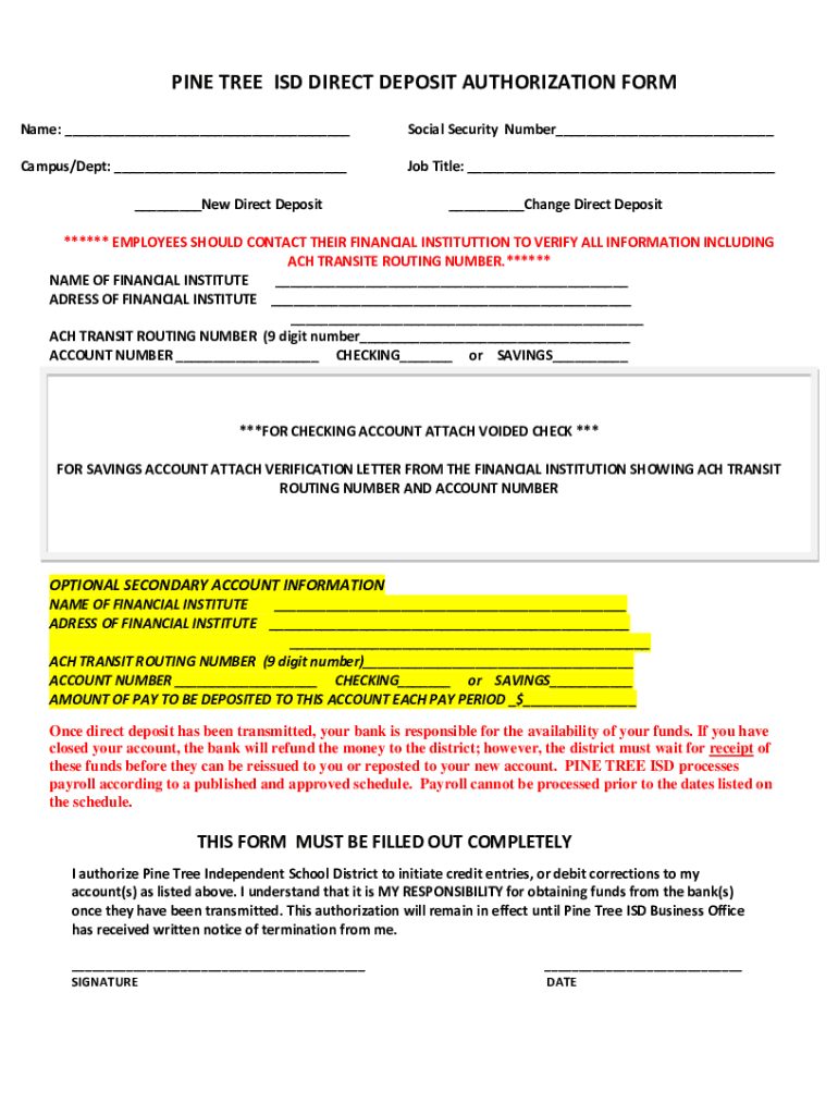 Fillable Online PINE TREE ISD DIRECT DEPOSIT AUTHORIZATION FORM Fax Email Print - pdfFiller