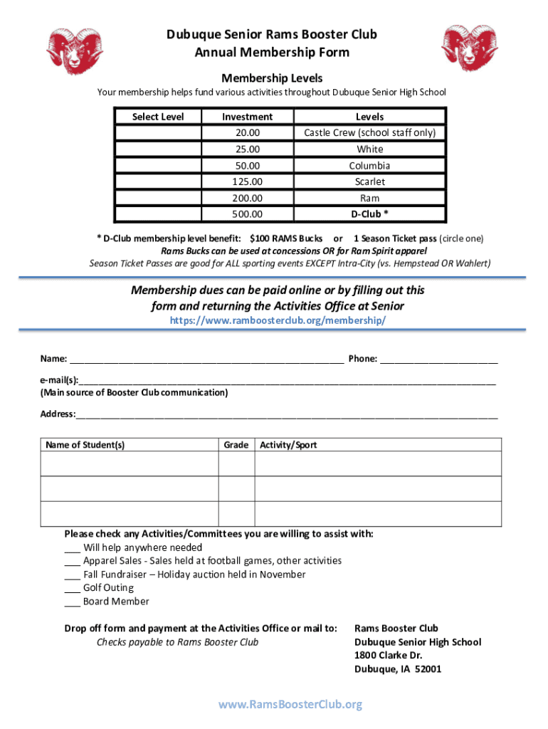 Fillable Online Dubuque Senior Rams Booster Club Annual Membership Form ...