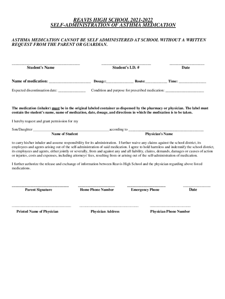 Fillable Online Fillable Online Asthma Medication Form - Reavis High ... Fax Email Print - pdfFiller
