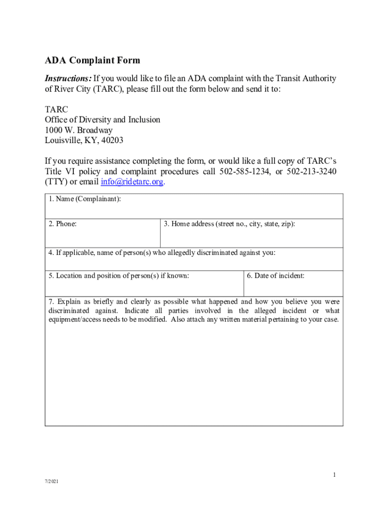 Fillable Online www.ridetarc.org1211b-ada-complaint-formADA Complaint ...