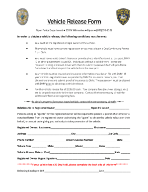 Fillable Online Vehicle Release Form - Ripon Police Department Fax ...
