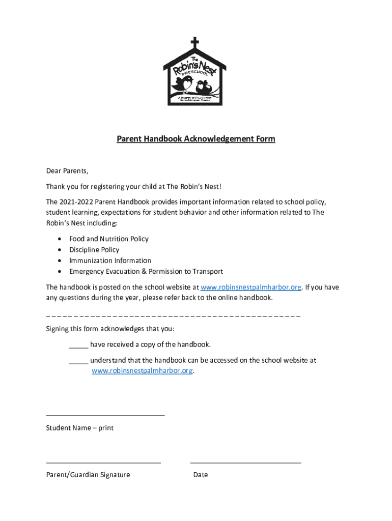 Fillable Online Fillable Online Parent Handbook Acknowledgement Form ...