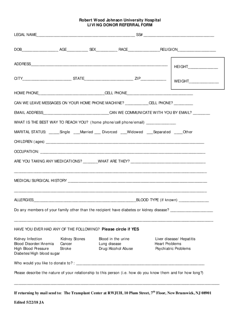 Fillable Online Kidney Living Donor Referral Form at Robert Wood ...