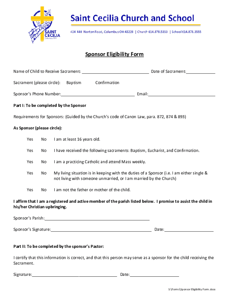Fillable Online GODPARENT/SPONSOR ELIGIBILITY FORM SACRAMENT OF ...