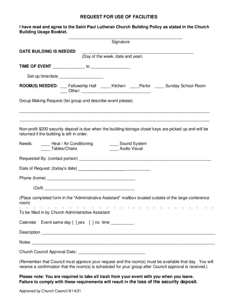 Fillable Online Saint Nicholas Lutheran Church Building Use Policy Fax ...