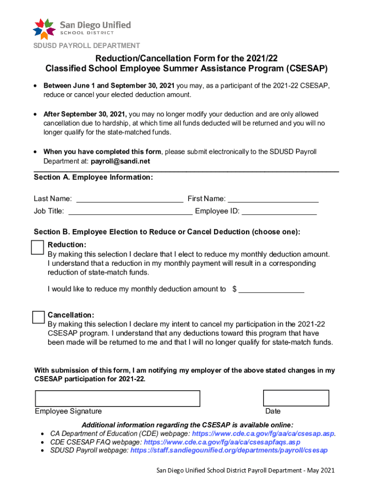 Fillable Online SDUSD PAYROLL DEPARTMENT Reduction/Cancellation Form ...