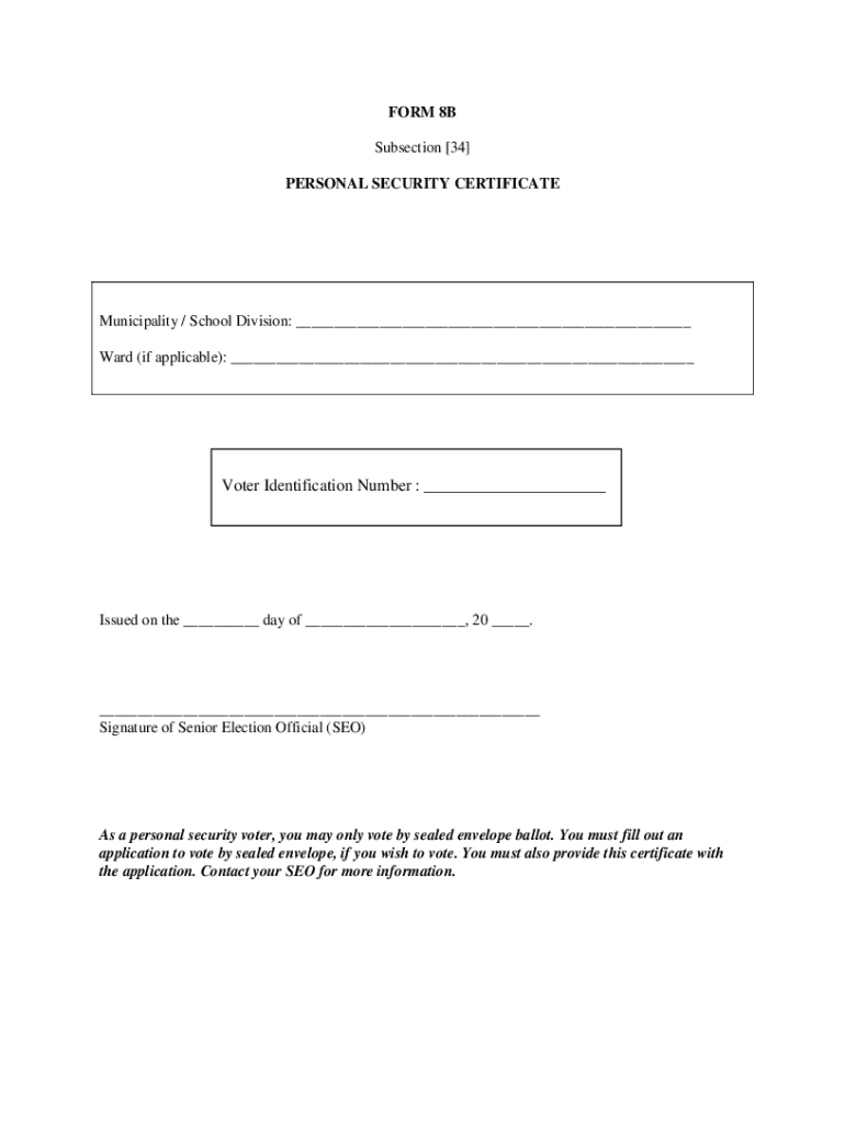 Fillable Online rmofpiney mb Form 8b PERSONAL SECURITY CERTIFICATE Fax ...