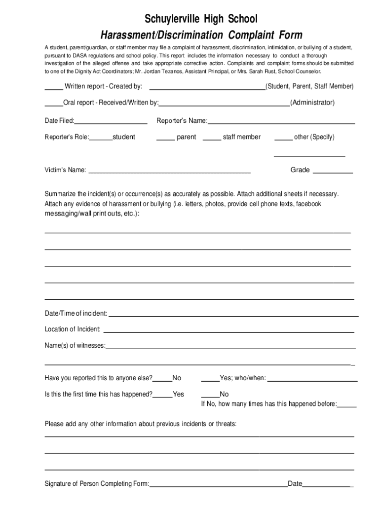 Fillable Online High School Harassment/Discrimination Complaint Form ... Fillable Online High School Harassment/Discrimination Complaint Form ...