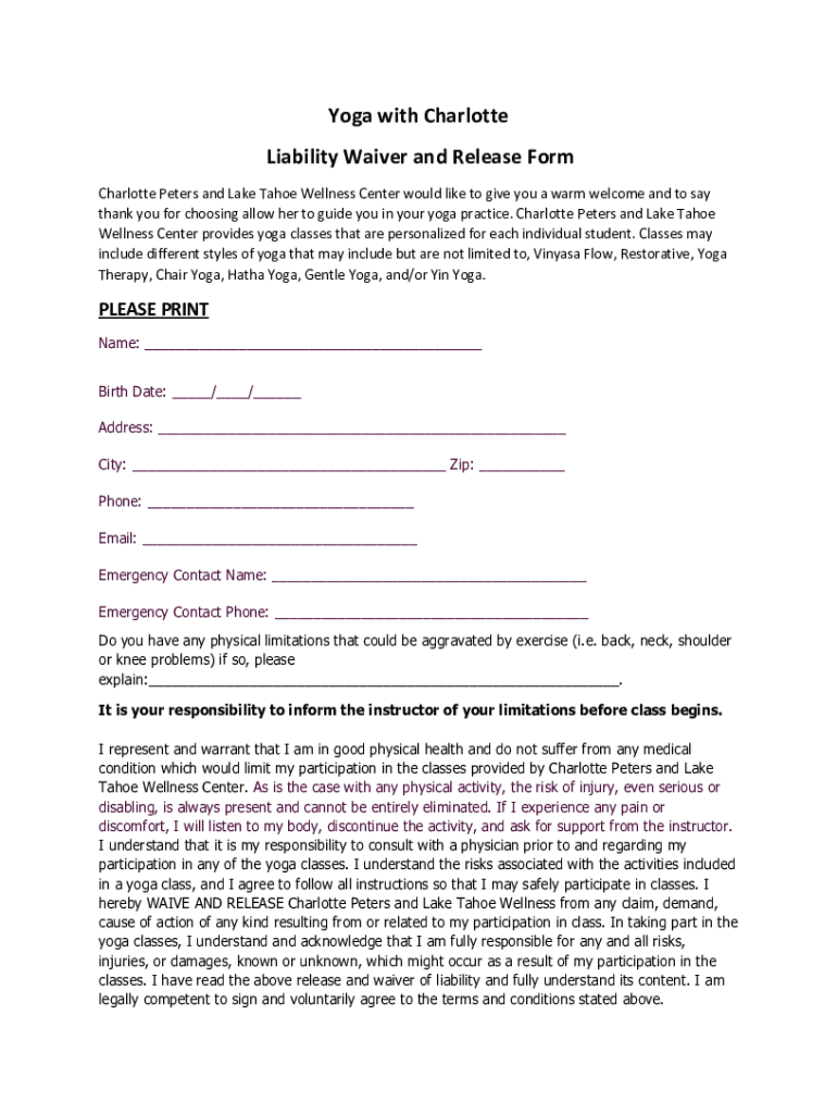 Fillable Online Yoga with Charlotte Liability Waiver and Release Form ...