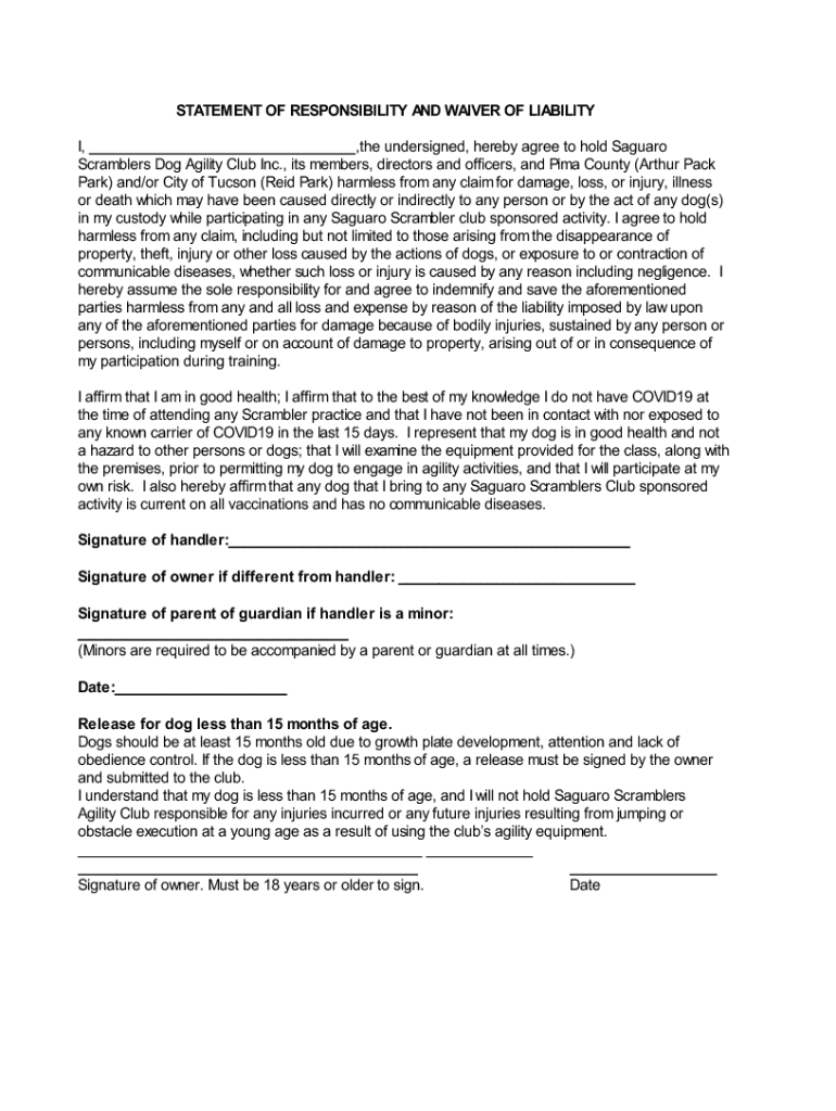 Fillable Online STATEMENT OF RESPONSIBILITY AND WAIVER OF LIABILITY Fax ...