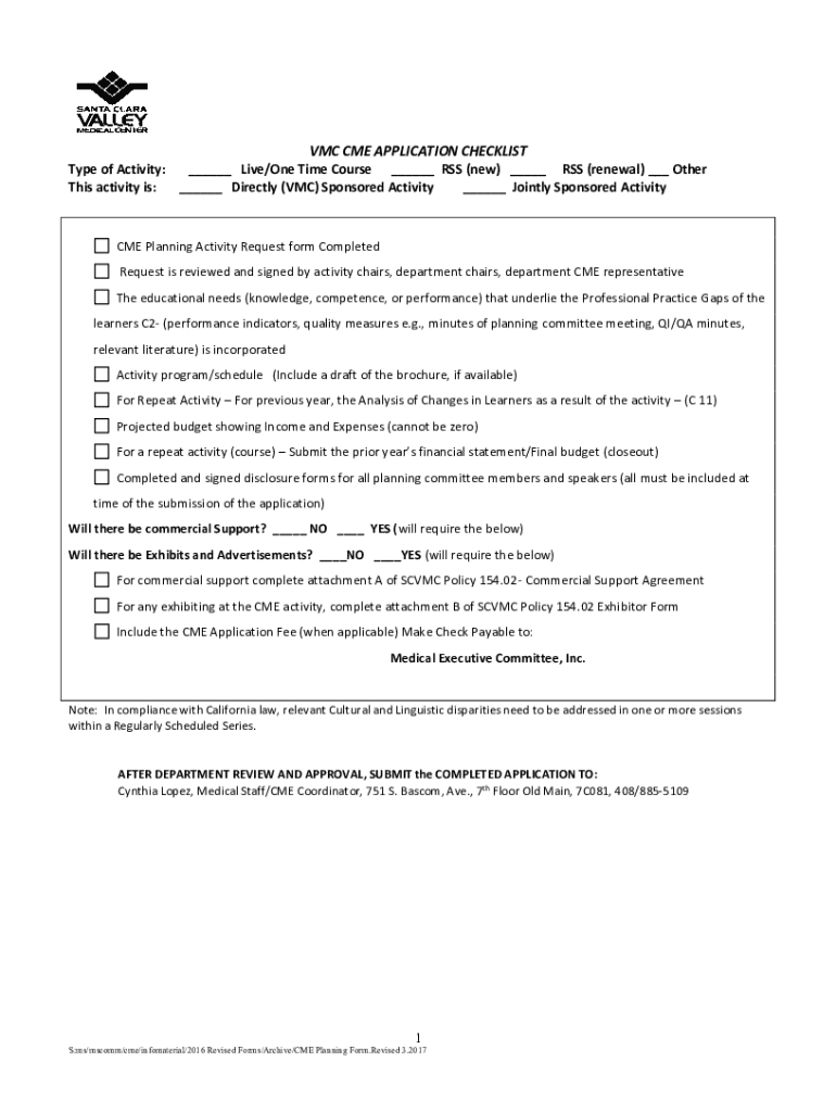 Fillable Online VMC CME APPLICATION CHECKLIST Type of Activity: Live ...