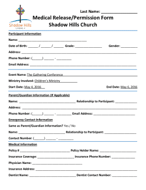 Fillable Online Medical Release/Permission Form Shadow Hills Church Fax Email Print - pdfFiller