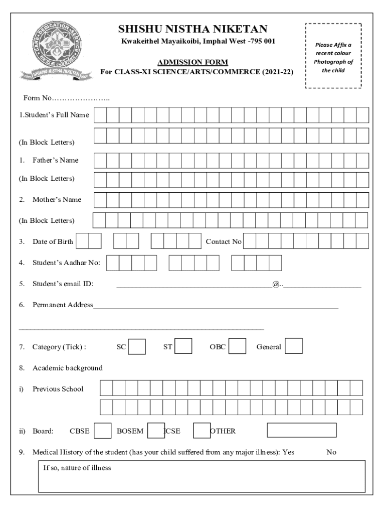 Fillable Online Admission Form Classs XI 2021-2022 Fax Email Print ...
