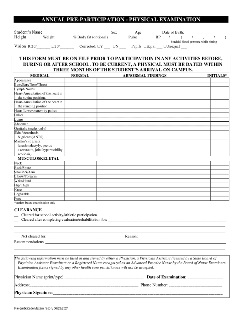 Fillable Online PREPARTICIPATION PHYSICAL EVALUATION -PHYSICAL ...