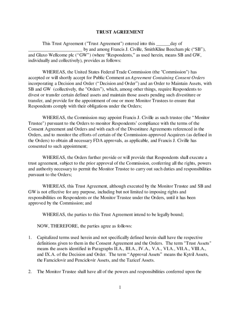 Fillable Online TRUST AGREEMENT TRUST AGREEMENT, the Agreement, entered ...