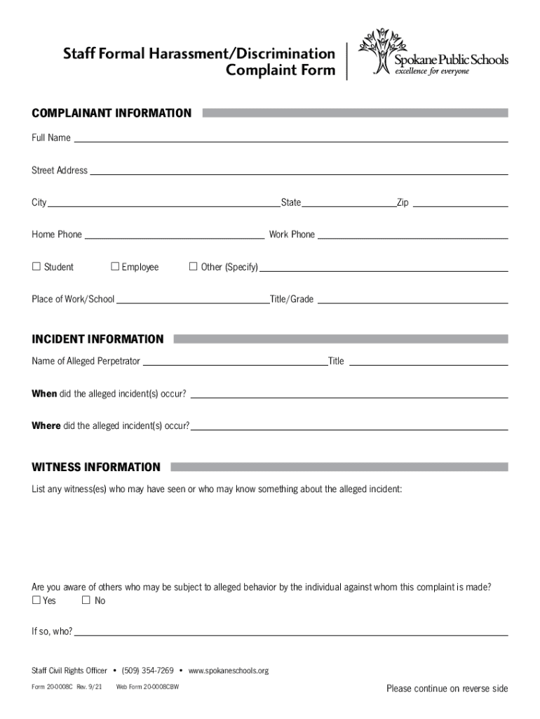 Fillable Online Staff Formal Harassment/Discrimination Complaint Form Fax Email Print - pdfFiller