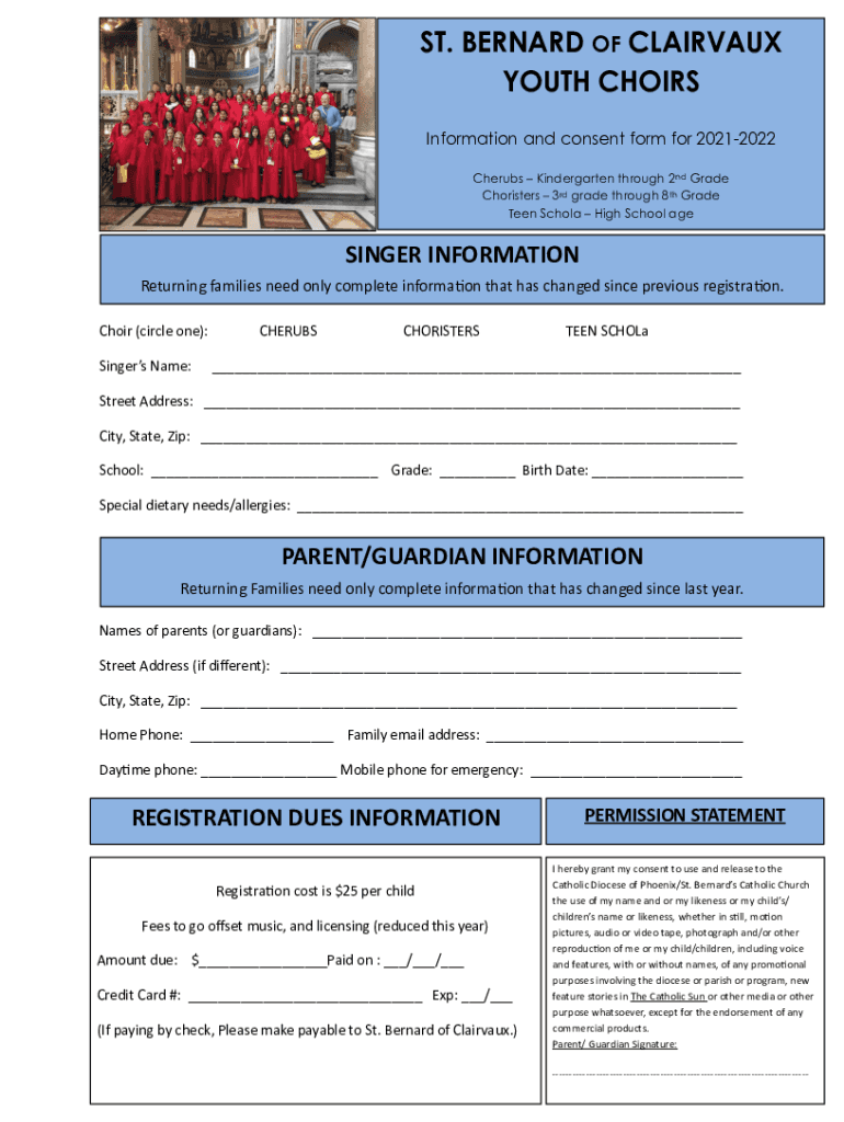 Fillable Online ST. BERNARD OF CLAIRVAUX YOUTH CHOIRS Fax Email Print - pdfFiller