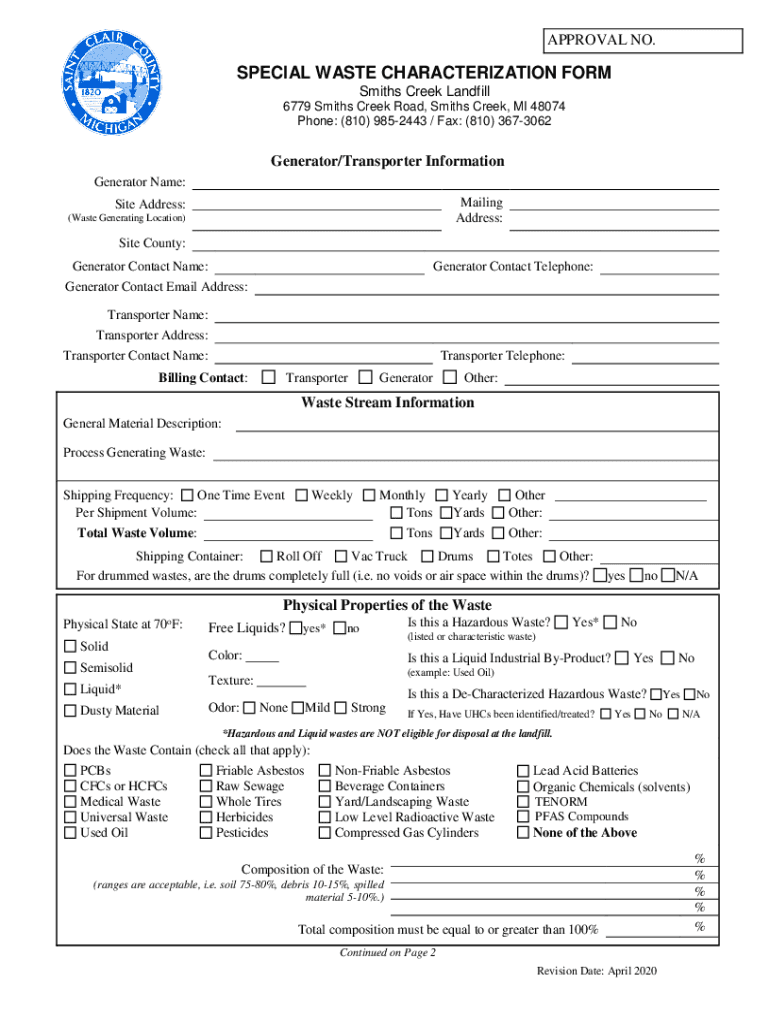 Fillable Online SPECIAL WASTE C ERTIFICATI ON STATEMENT Re-Approval of ...