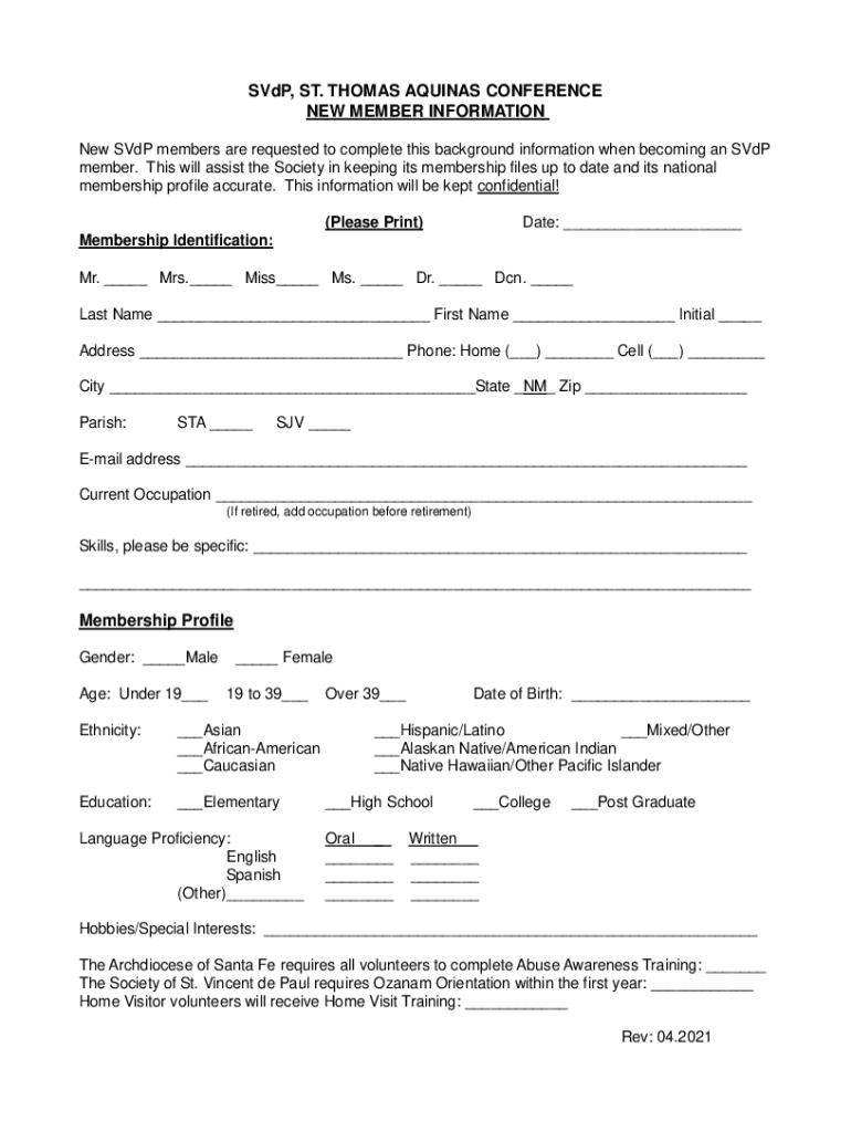 Fillable Online ST VINCENT DE PAUL SOCIETY ST THOMAS AQUINAS CONFERENCE ...