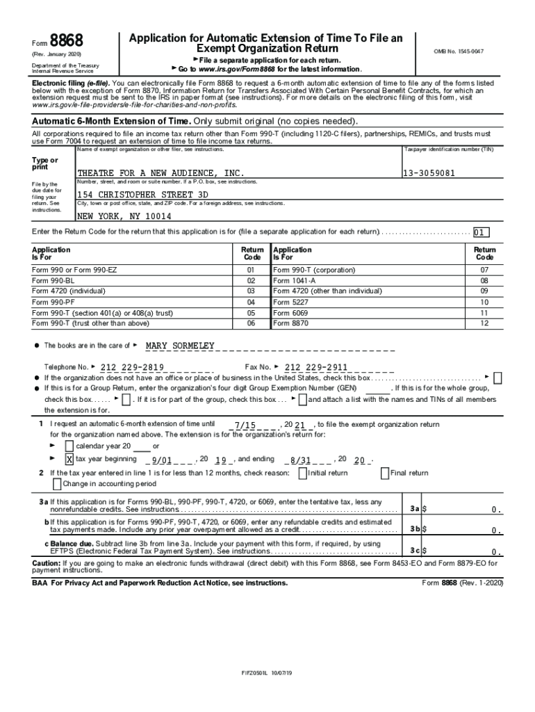 Fillable Online Form 8868 - Application For Automatic Extension Of Time ...
