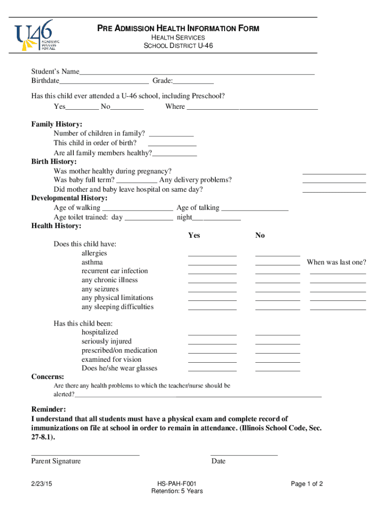 Fillable Online PRE ADMISSION HEALTH INFORMATION FORM Fax Email Print ...