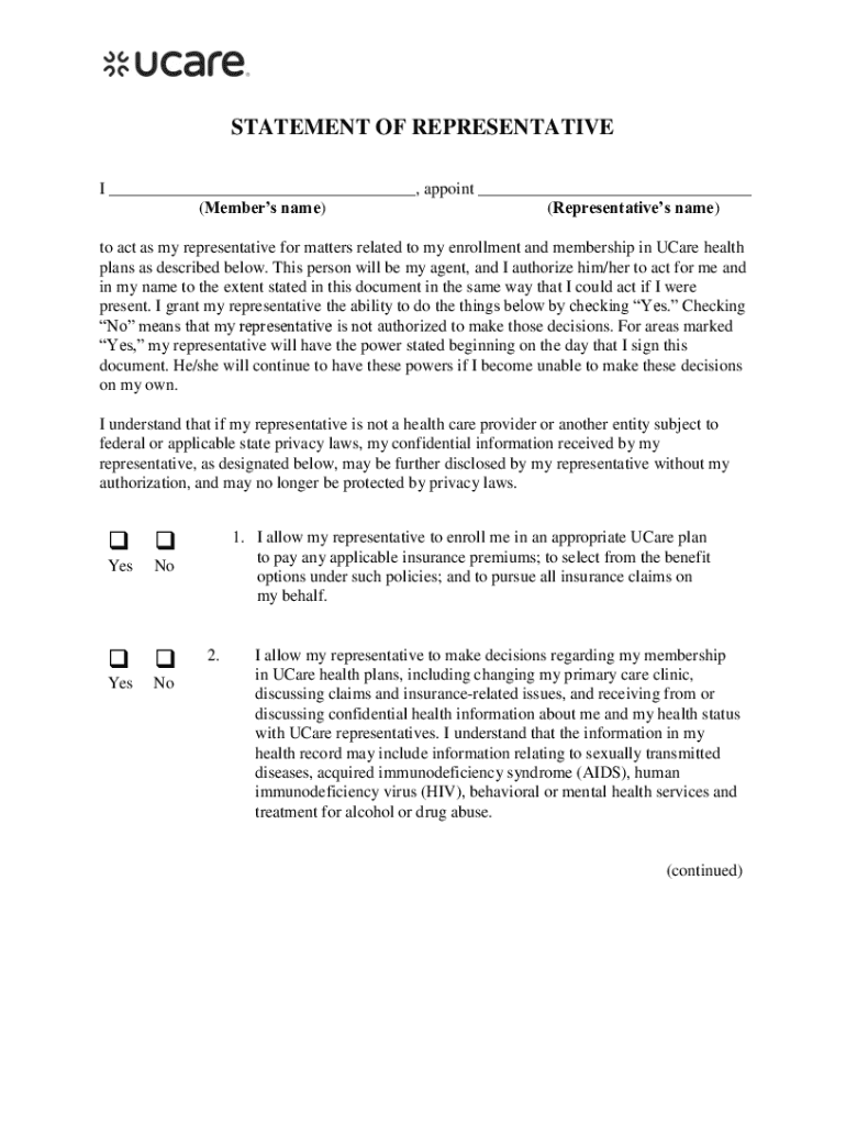 Fillable Online STATEMENT OF REPRESENTATIVE - UCare Fax Email Print ...