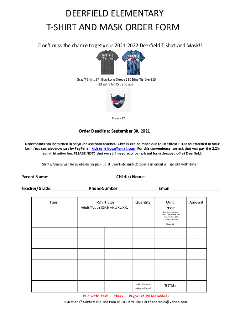 Fillable Online DEERFIELD ELEMENTARY TSHIRT AND MASK ORDER FORM Fax ...