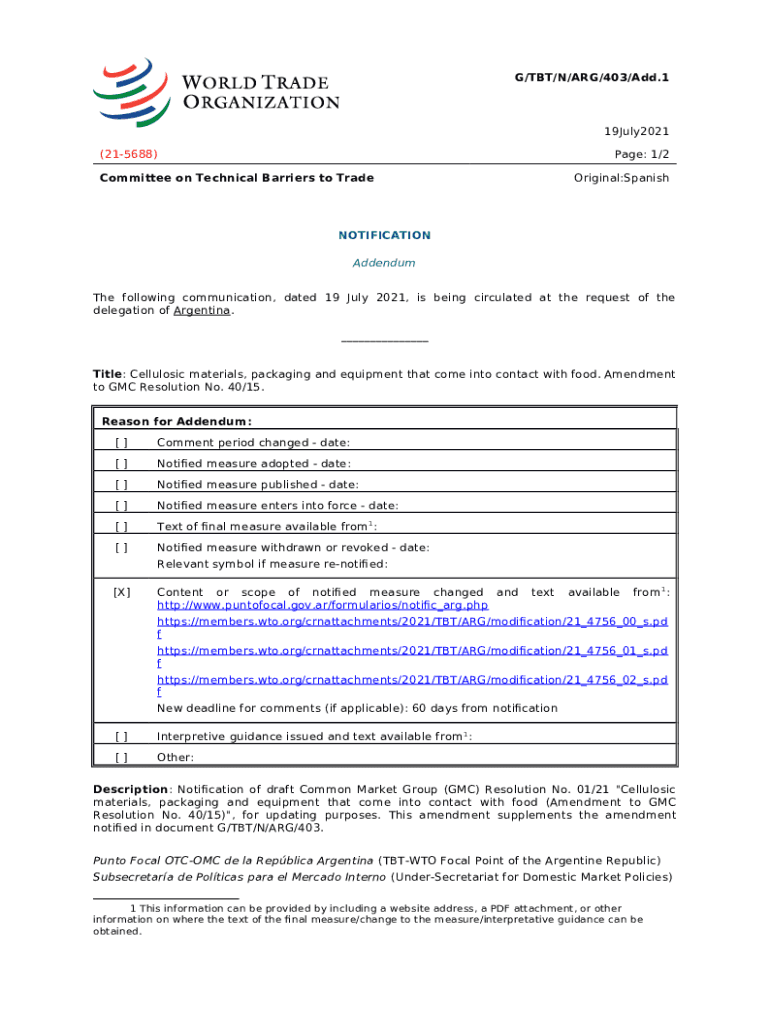 Volume 07, Issue 11 WTO TBT NOTIFICATIONS BULLETIN Doc Template | pdfFiller