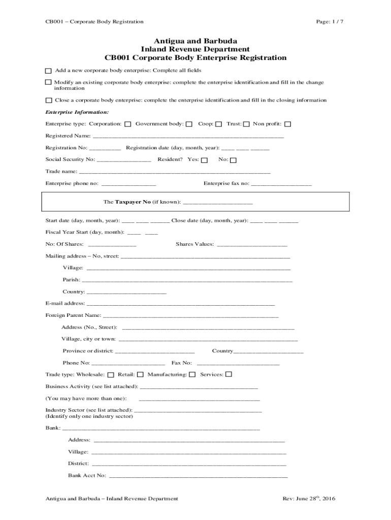 Fillable Online Antigua and Barbuda Inland Revenue Department CB001 ...