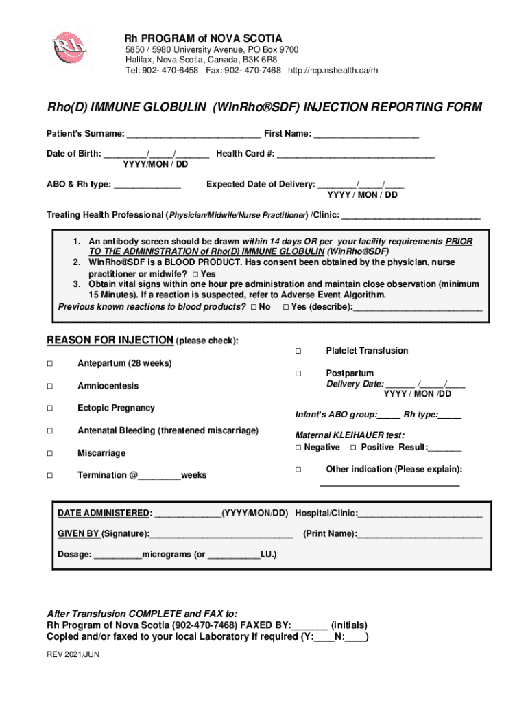 Fillable Online Rho(D) immune globuilin (WinRho SDF) injection ...