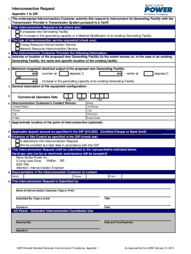 Fillable Online APPENDIX 1 to GIP INTERCONNECTION REQUEST FOR A GENERATING ... Fax Email Print ...