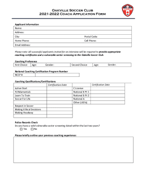 Fillable Online Oakville Soccer Club 2021-2022 Coach Application Form ...