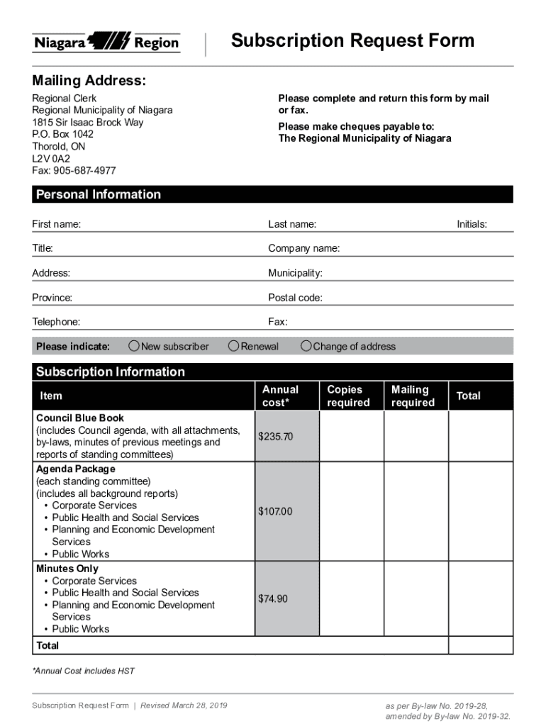 Fillable Online Subscription Request Form - Niagara Region, Ontario ...