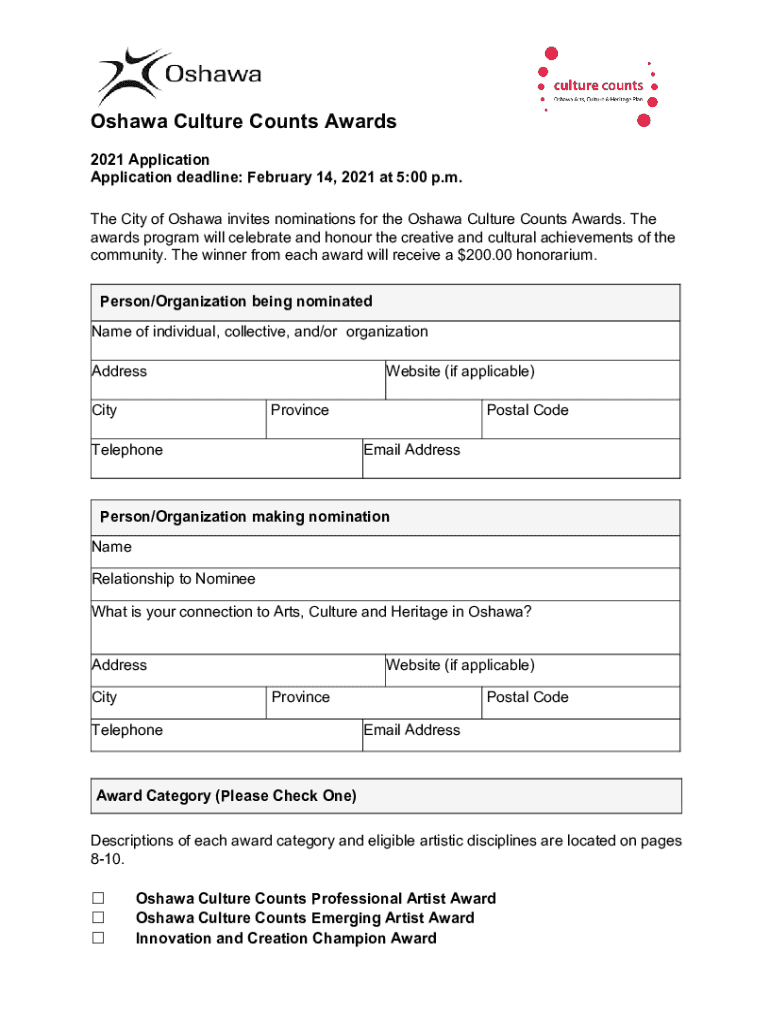 Fillable Online Oshawa Culture Counts Awards - City of Oshawa Fax Email Print - pdfFiller