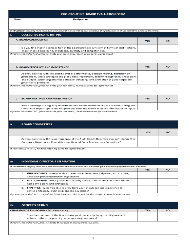 Fillable Online 2GO GROUP INC BOARD EVALUATION FORM Fax Email Print ...